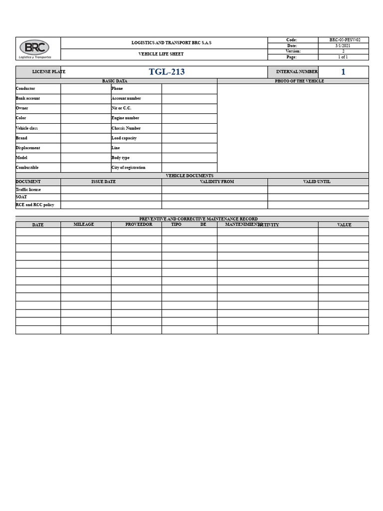 Brc-05-Pesv-02 Vehicle Life Sheet | PDF
