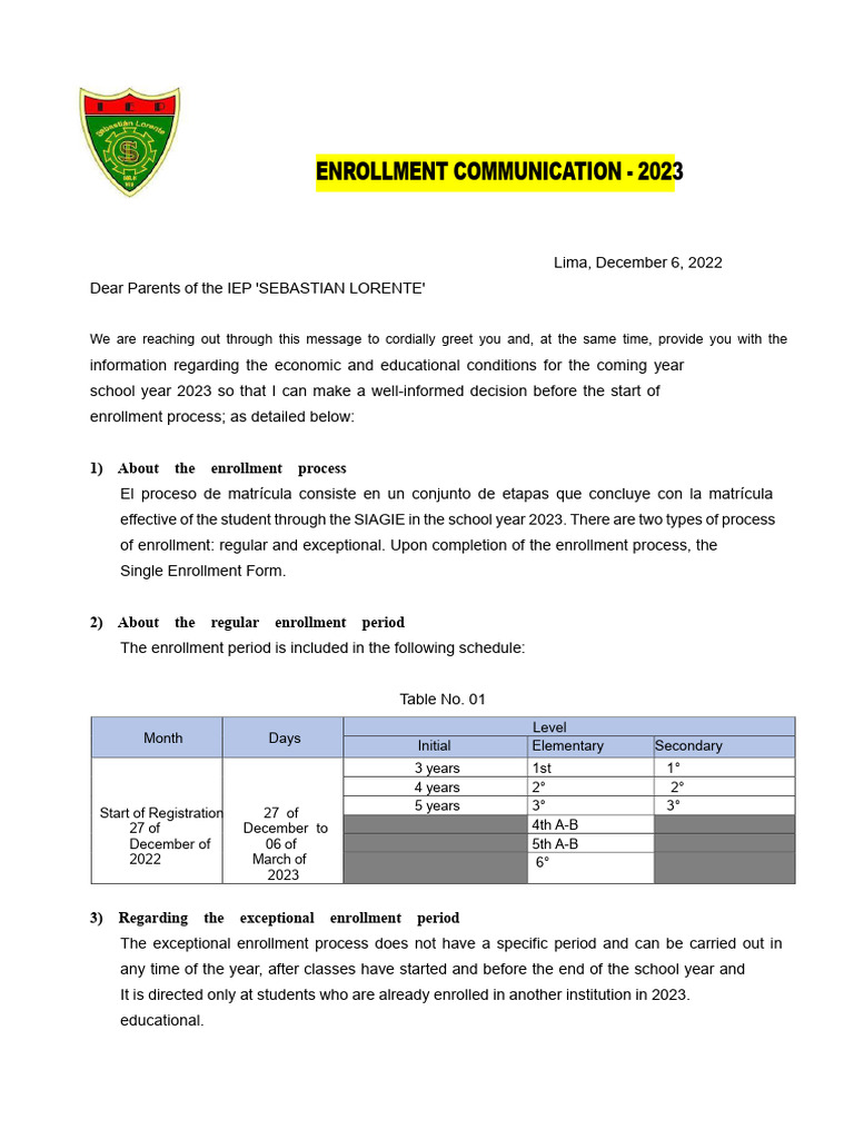 2023 Enrollment Guide for IEP Sebastián Lorente | PDF | Fee