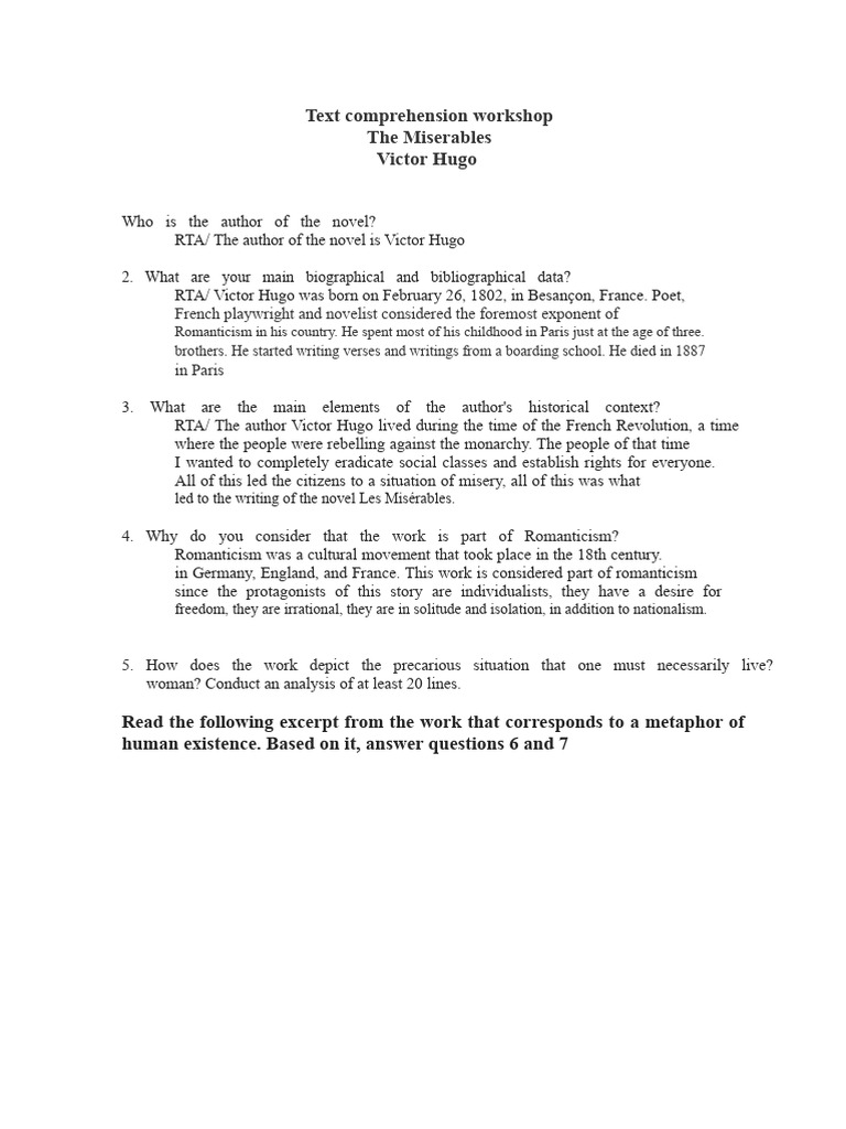Workshop On Textual Comprehension The Miserables | PDF | Victor Hugo ...