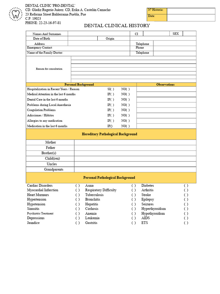 Clinical History | PDF | Dentist | Medicine