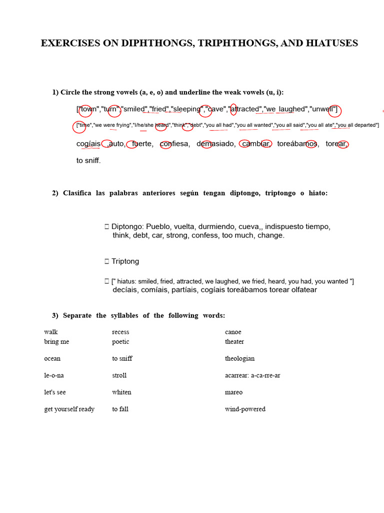 Diphthongs, Triphthongs, and Hiatus Exercises | PDF | Phonology | Phonetics