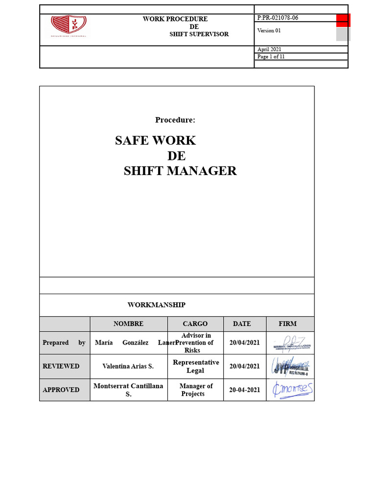 PR-021078-06 WORK PROCEDURE SHIFT SUPERVISOR | PDF | Personal ...