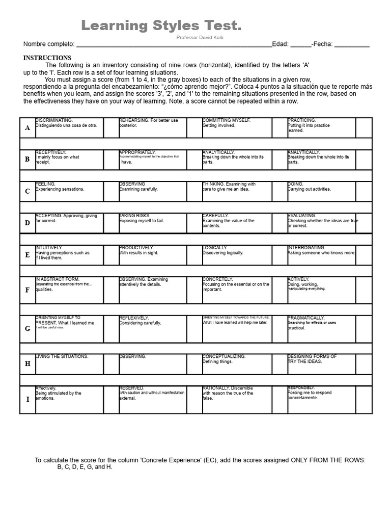 learning-styles-test-kolb-completed | PDF | Learning Styles | Reason