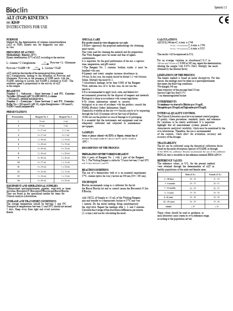 ALT Kinetics Test Instructions for Use | PDF | Lactate Dehydrogenase ...