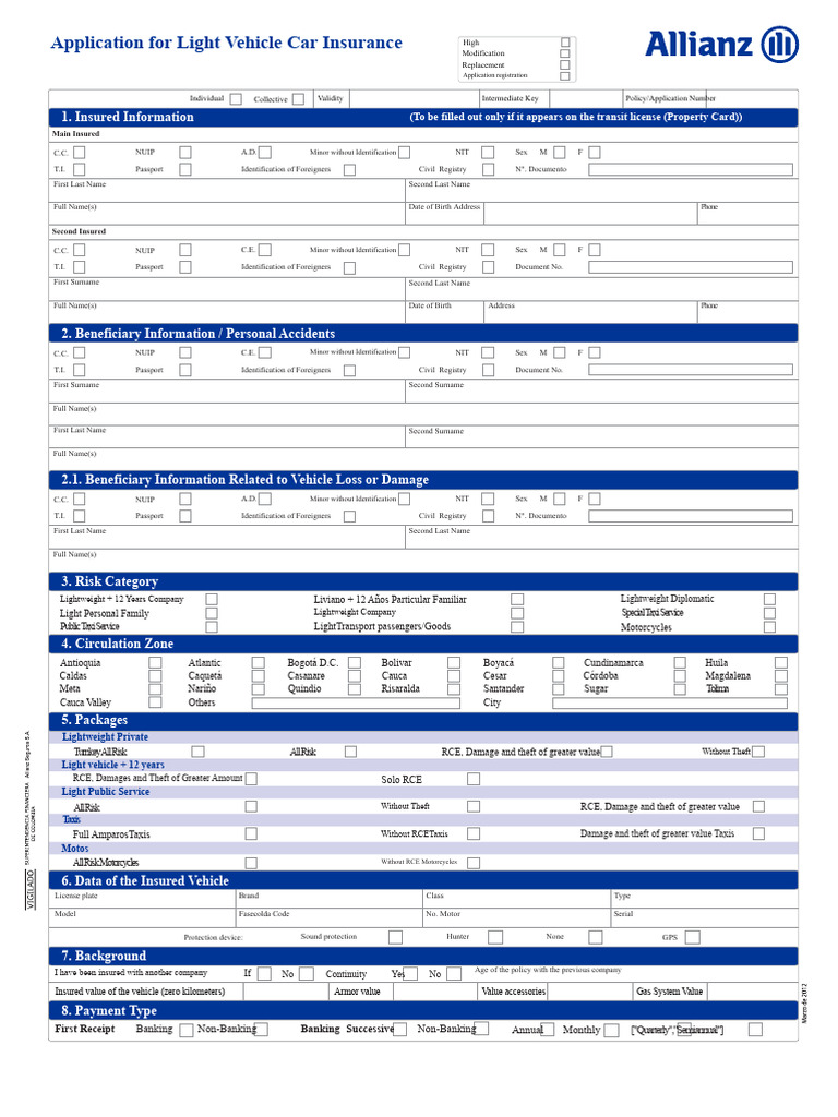Allianz Light Car Insurance Application | PDF | Identity Document ...