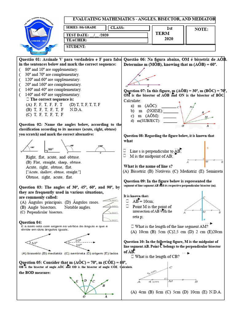 8th Grade Math: Angles & Bisectors Test | PDF | Perpendicular | Angle