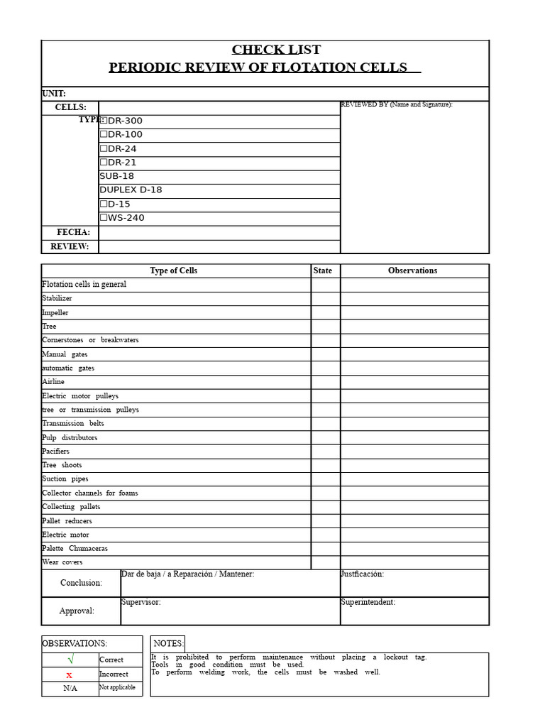 Flotation Cells Periodic Review Checklist | PDF