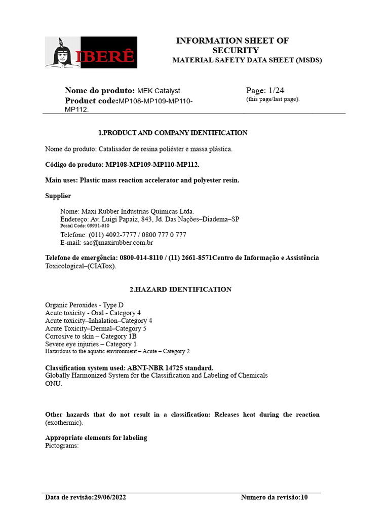 MEK Catalyst Safety Data Sheet (SDS) | PDF | Toxicity | Occupational ...
