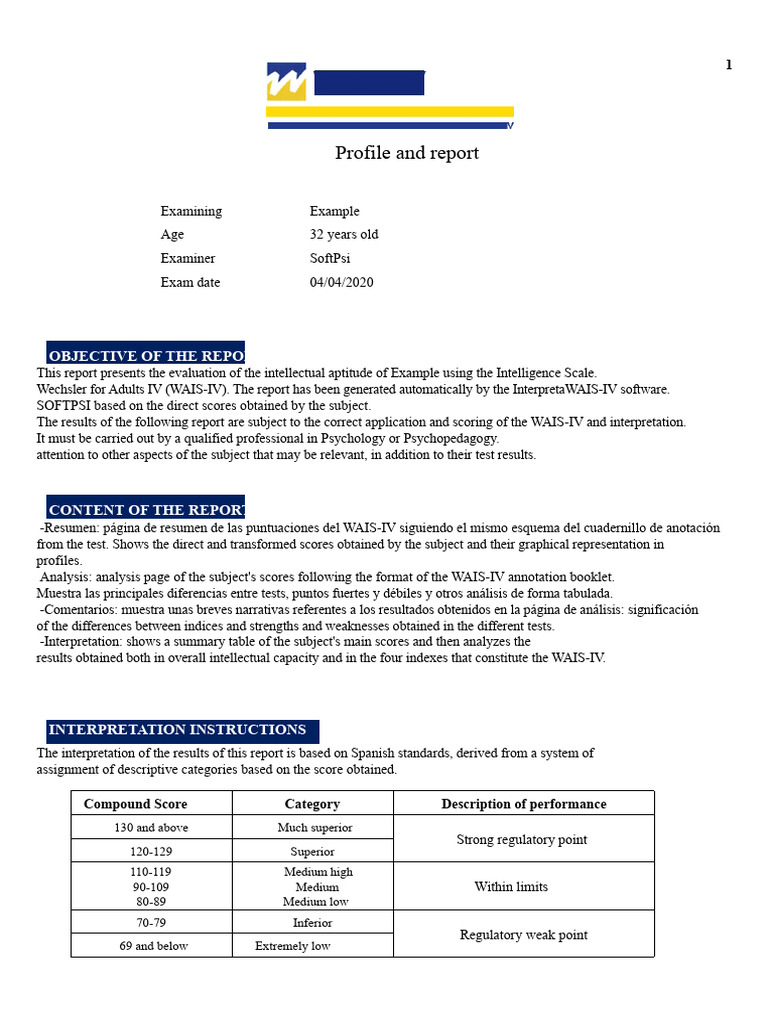 WAIS-IV Intellectual Aptitude Report | PDF | Wechsler Adult ...