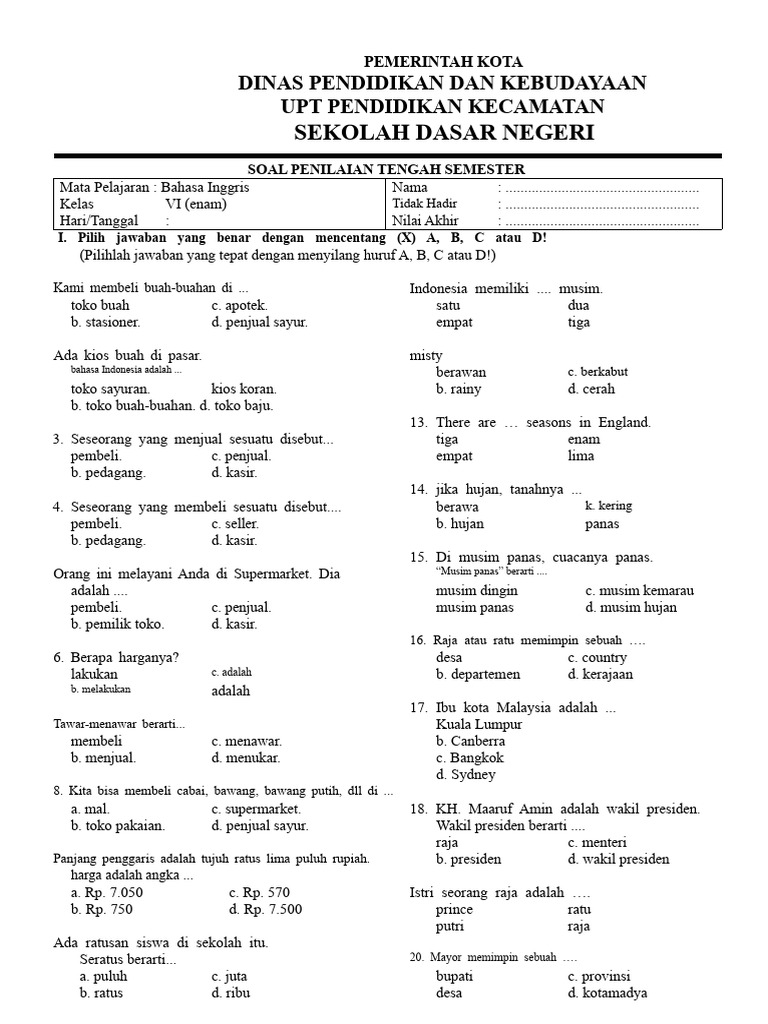 SOAL PTS Semester 2 BAHASA INGGRIS KELAS 6 | PDF
