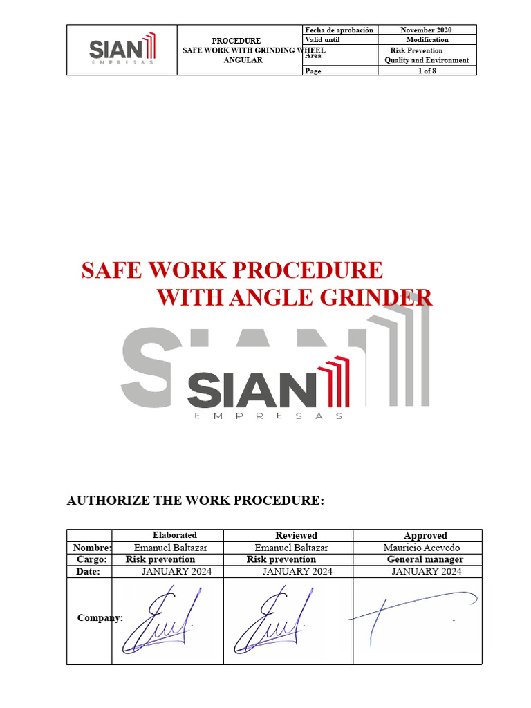 Procedure Work Angular Grinder SIAN 2024 | PDF | Grinding (Abrasive ...