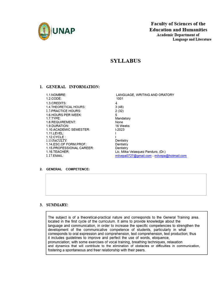 SYLLABUS LANGUAGE-WRITING-ORATORY-DENTISTRY-I-2023-MILKA. | PDF ...