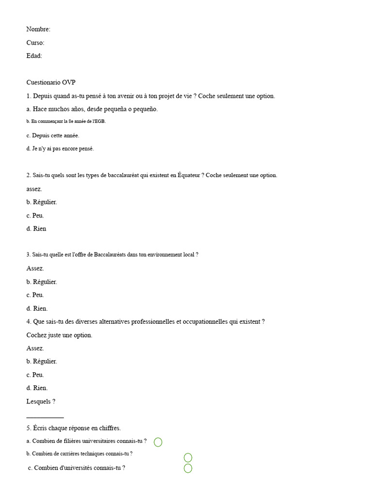 Questionnaire sur les projets de vie et carrières | PDF