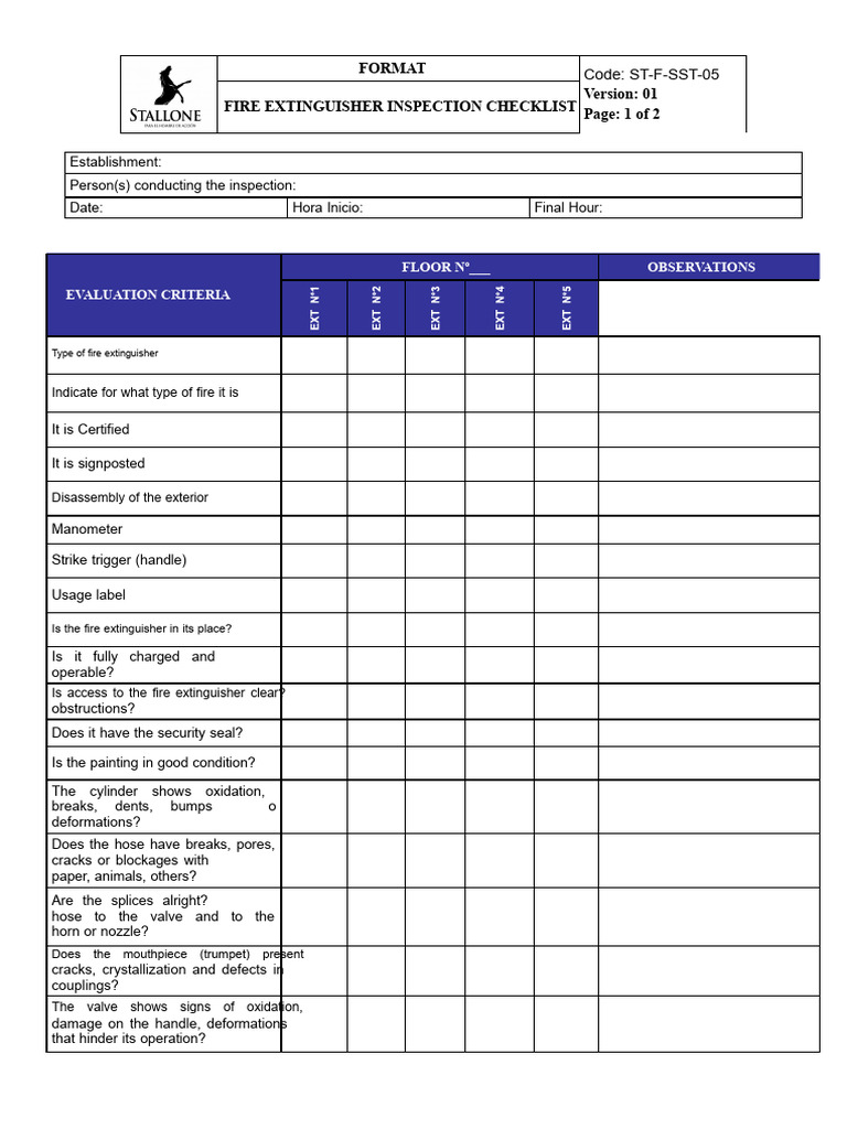 ST-F-SST-05 Fire Extinguisher Inspection Checklist | PDF