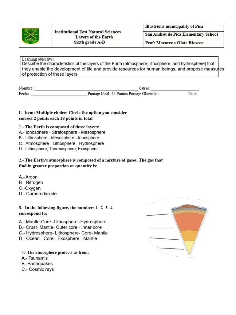 Institutional Test Natural Sciences Sixth Grade A-B | PDF | Earth ...