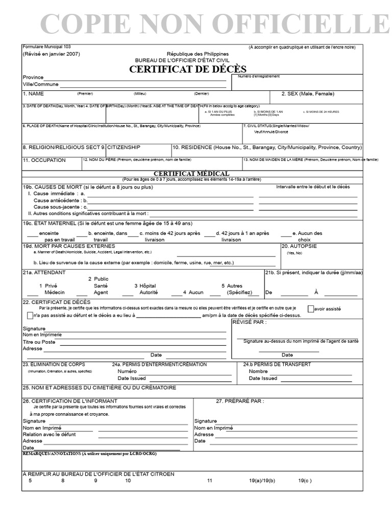 Formulaire Municipal de Certificat de Décès | PDF | Échecs | Mort
