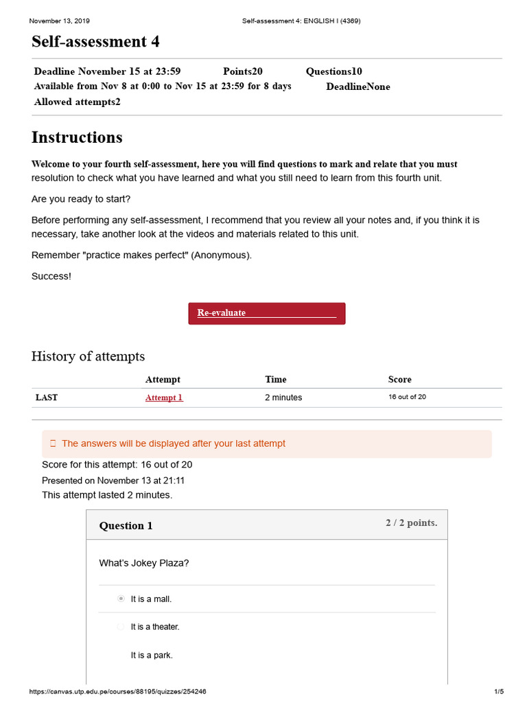 Self-Assessment 4 - ENGLISH I (4369) | PDF | Learning | Cognition
