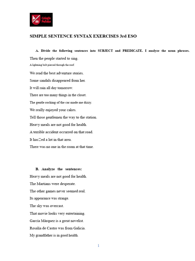 SIMPLE SYNTAX EXERCISES 3rd ESO | PDF | Syntax | Subject (Grammar)