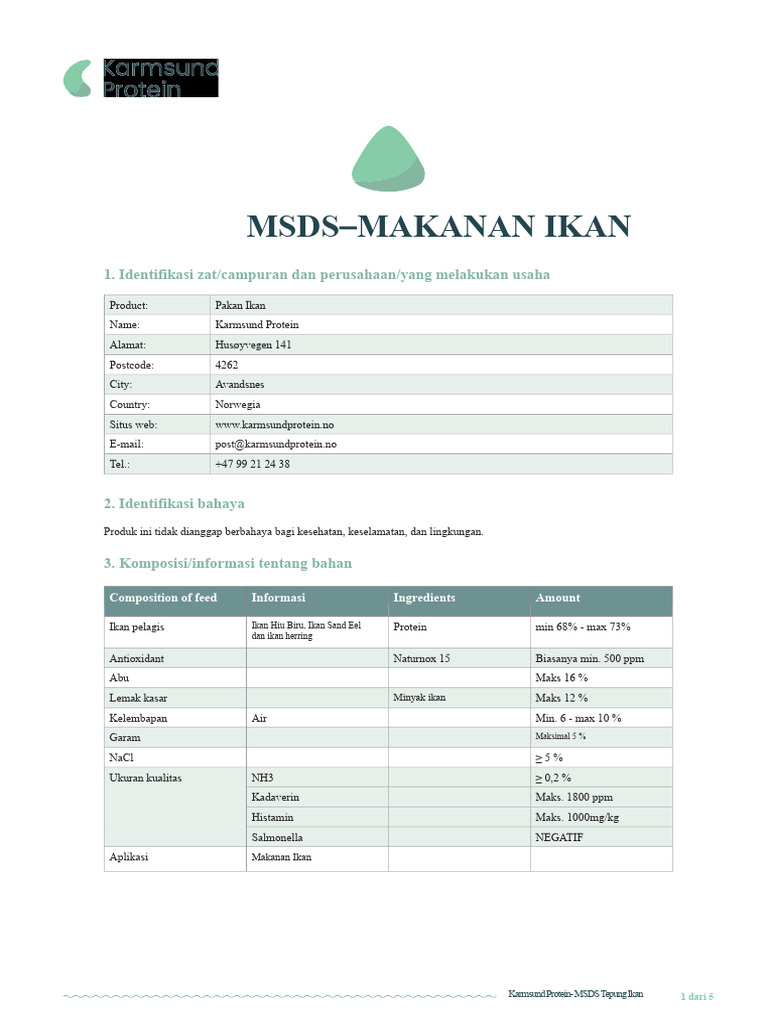 MSDS Pakan Ikan Karmsund Protein | PDF