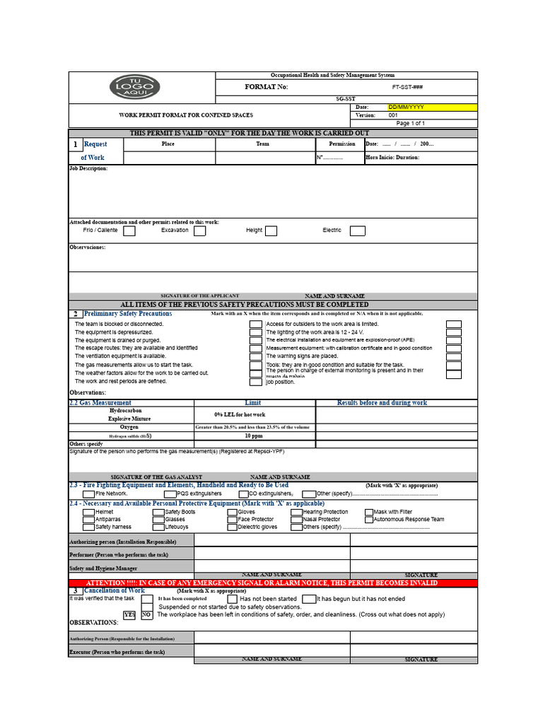Confined Space Work Permit Template | PDF | Occupational Safety And ...