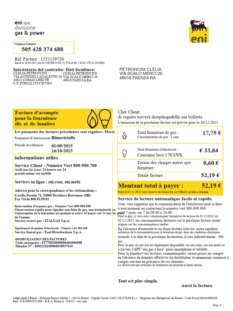 Facture de gaz et électricité 10/2015 | PDF | Facture | Taxe sur la ...