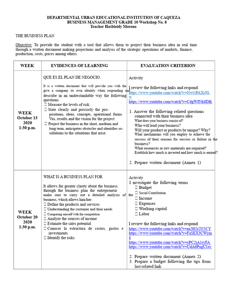 Workshop No. 8 Management Grade 10 Business Plan | PDF | Expense | Business