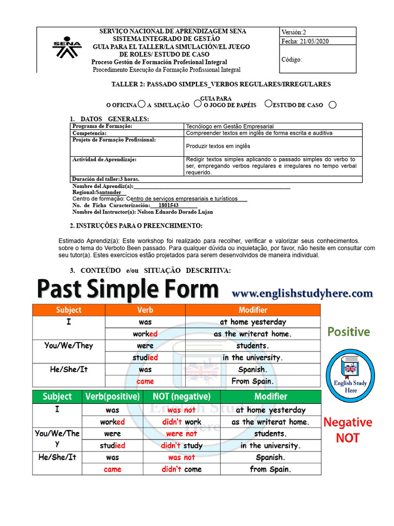 Oficina 2 Passado Simples_Verbos Regulares e Irregulares | PDF | Desenvolvimento profissional
