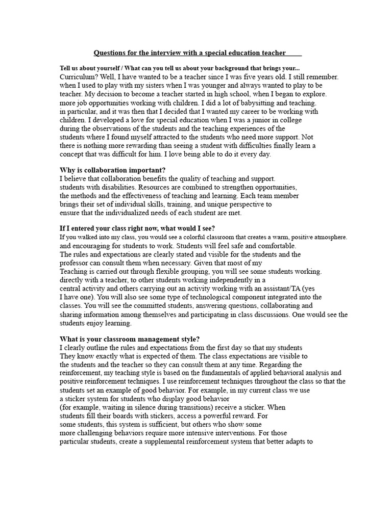 Interview Questions for Special Education Teachers | PDF | Educational ...