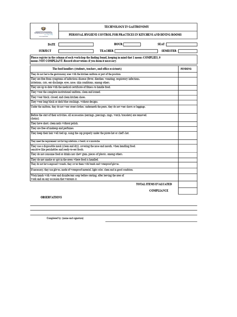Personal hygiene control format | PDF | Hygiene | Hand Washing