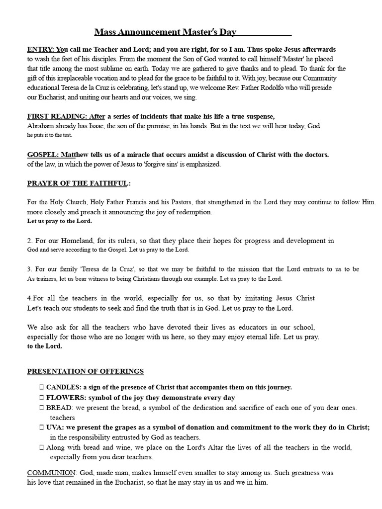 Mass Announcement Teacher's Day | PDF | Eucharist | Jesus