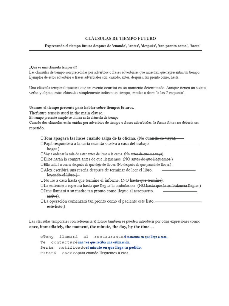 Cláusulas de Tiempo Futuro | PDF | Adverbio | Oración (Lingüística)