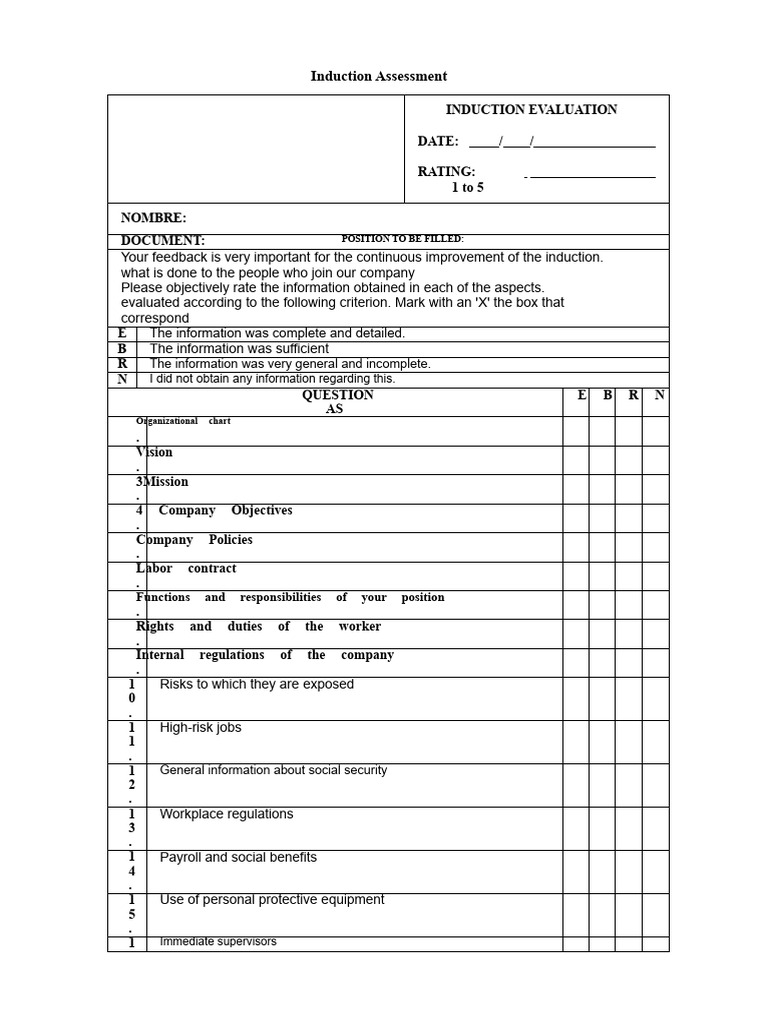 Induction Assessment Feedback Form | PDF