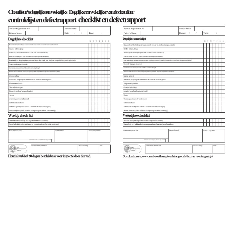 Dagelijks Voertuig Controleren Formulier | PDF