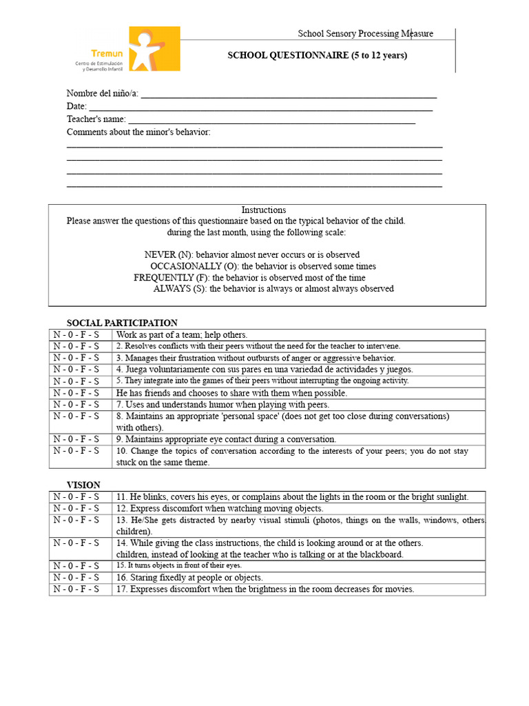 School Sensory Processing Questionnaire | PDF | Perception | Questionnaire