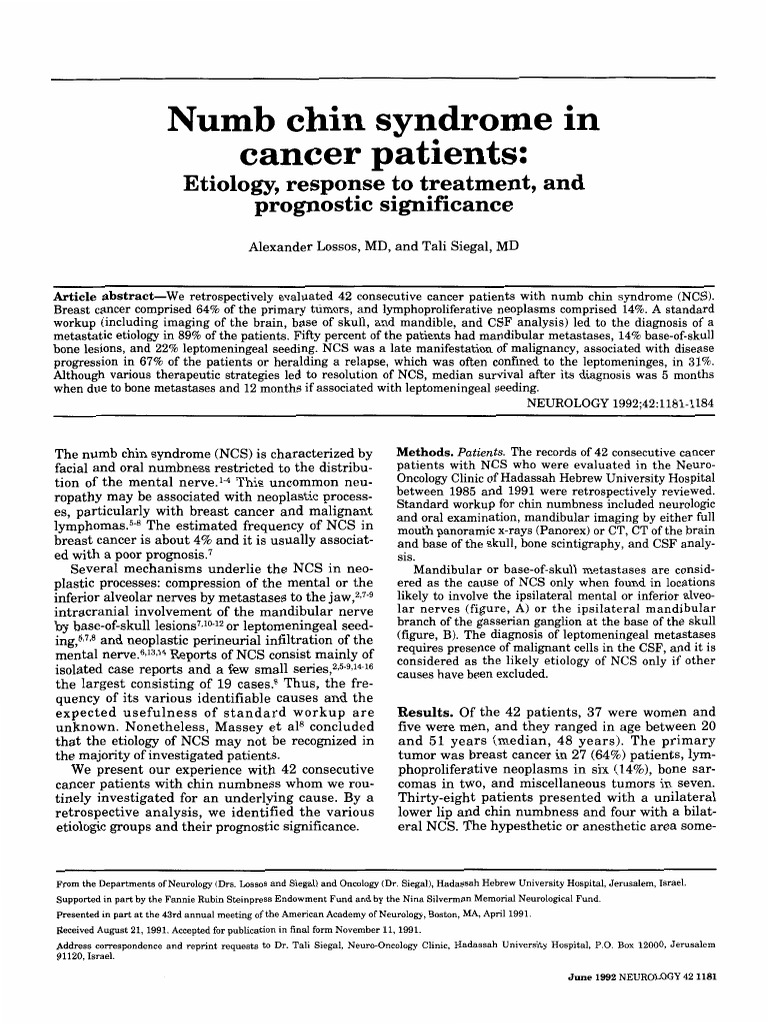 Numb chin syndrome in cancer patients_Etiology, response to treatment, and prognostic ...
