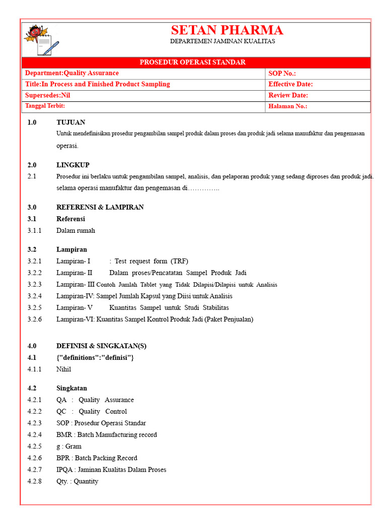 SOP Untuk Pengambilan Sampel Dalam Proses | PDF