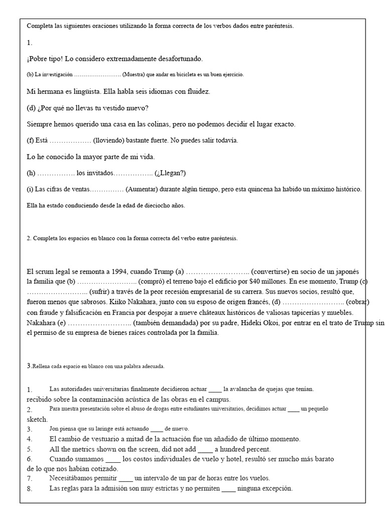 Completa Las Siguientes Oraciones Utilizando La Forma Correcta de Los ...