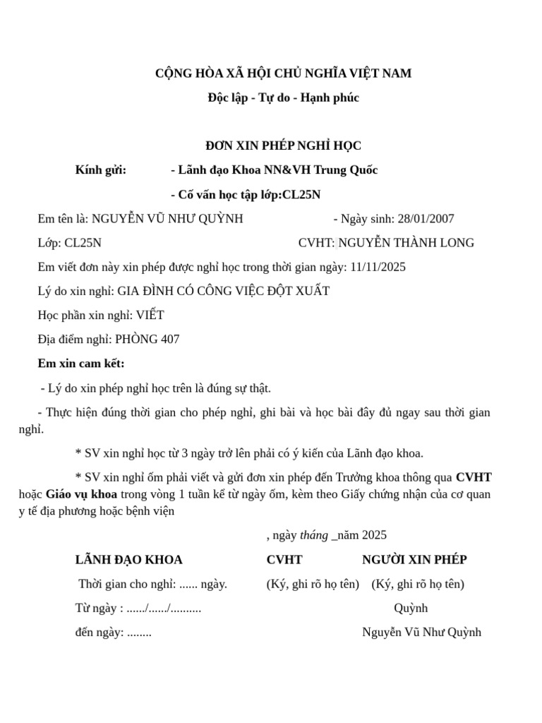 Don Nghi Xin Nghi Hoc | PDF