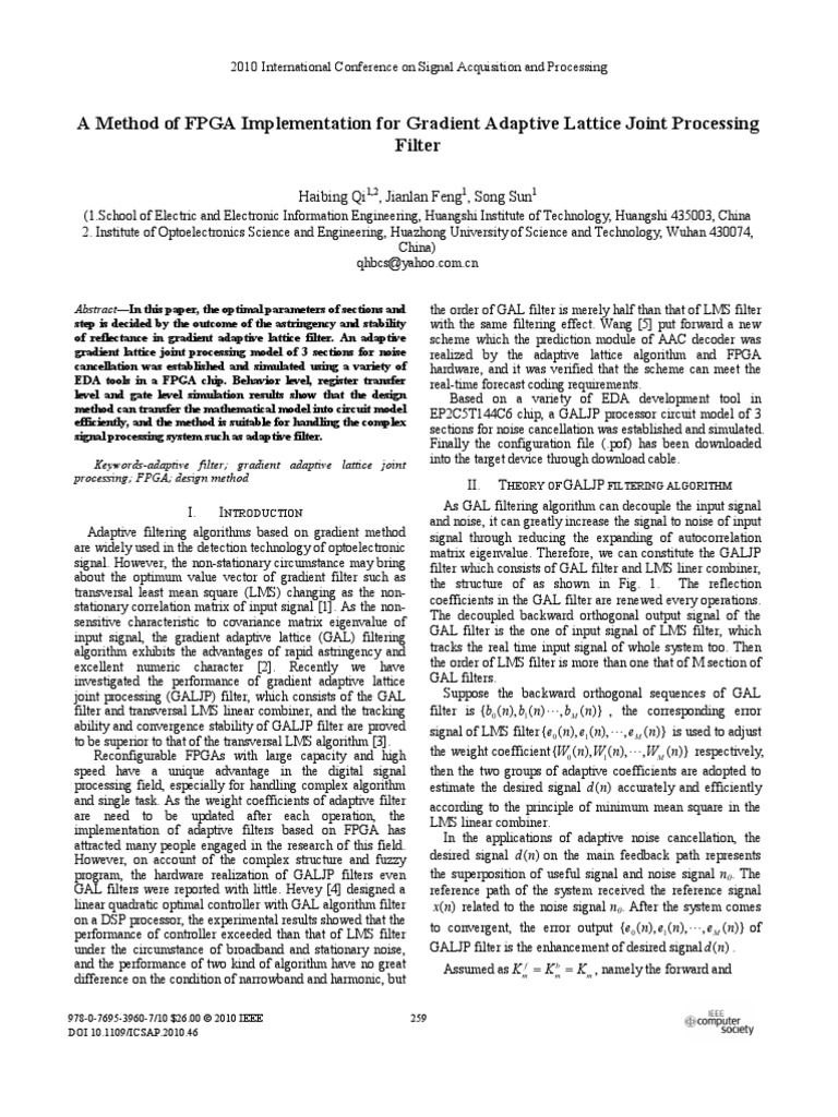 A Method of FPGA Implementation For Gradient Adaptive Lattice Joint Processing Filter | PDF ...