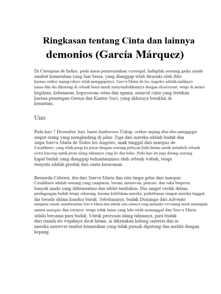 Ringkasan Dari "Cinta Dan Demon-Demon Lainnya" Karya Gabriel García ...