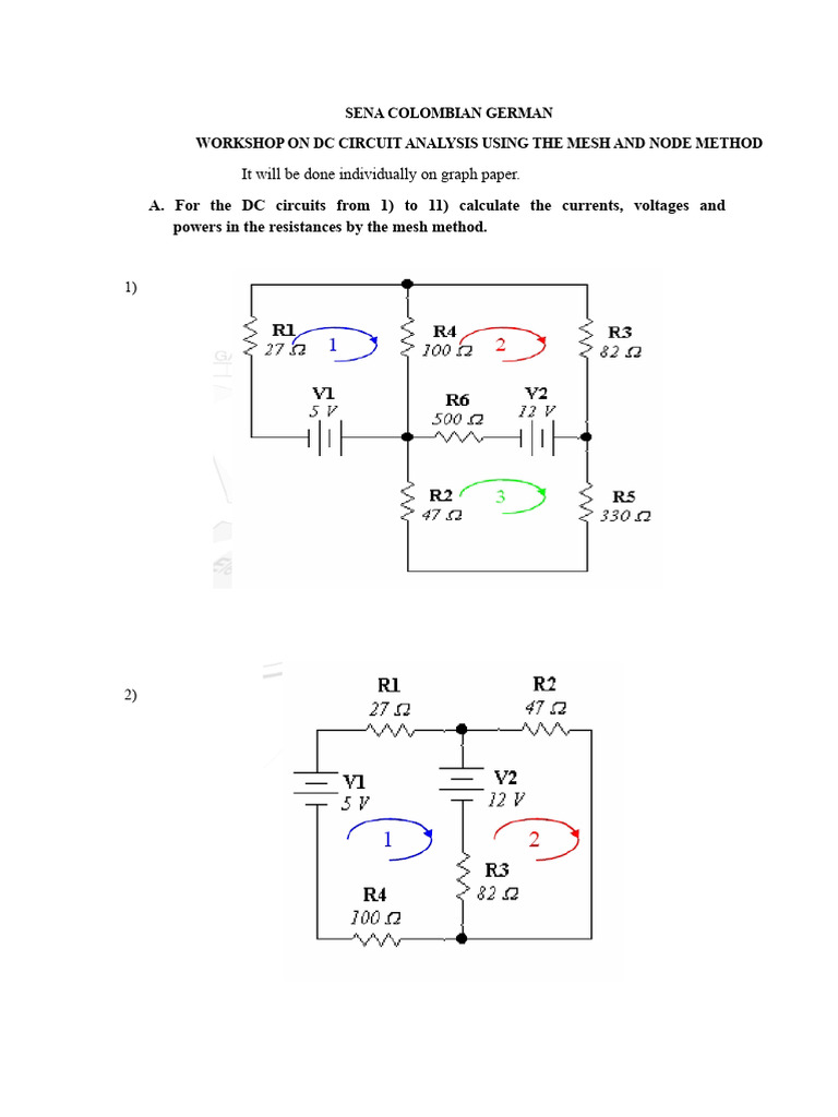 WORKSHOP ANALYSIS OF DC CIRCUITS BY THE MESH AND NODE METHOD.docx | PDF