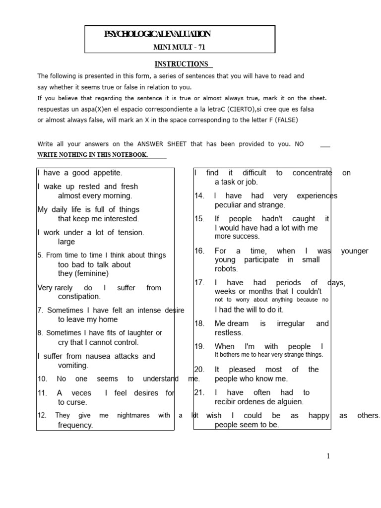 1. Mini Mult 71 Questions (1) | PDF | Thought | Psychology