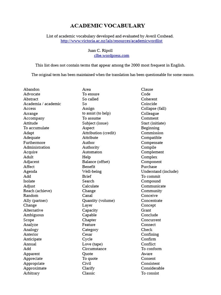Essential Academic Vocabulary List | PDF