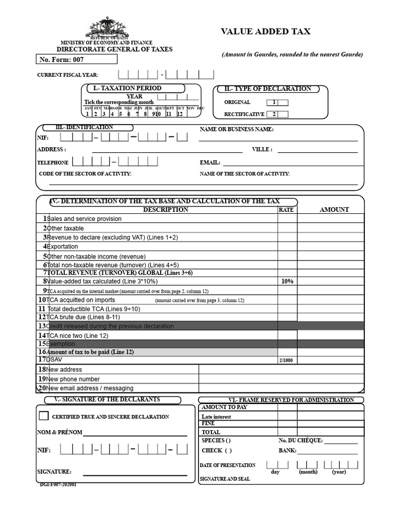 Haiti VAT Declaration Form 007 | PDF | Taxes | Value Added Tax