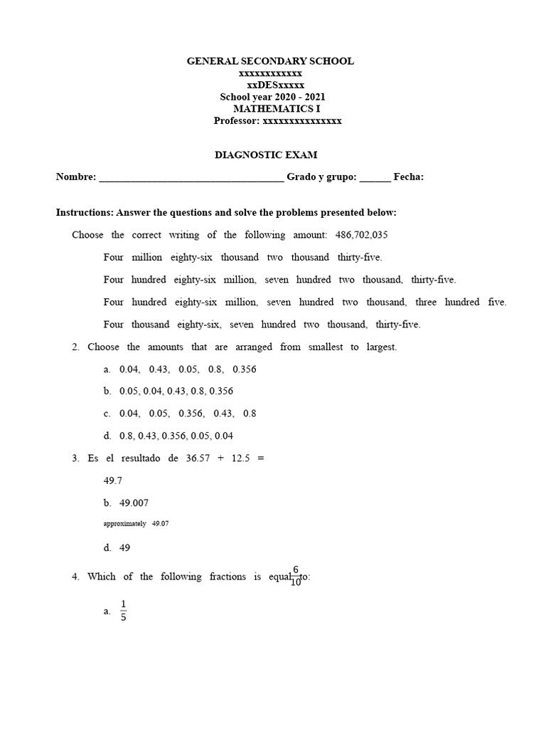 Diagnostic Exam Mathematics 1 Secondary | PDF | Area | Mathematics