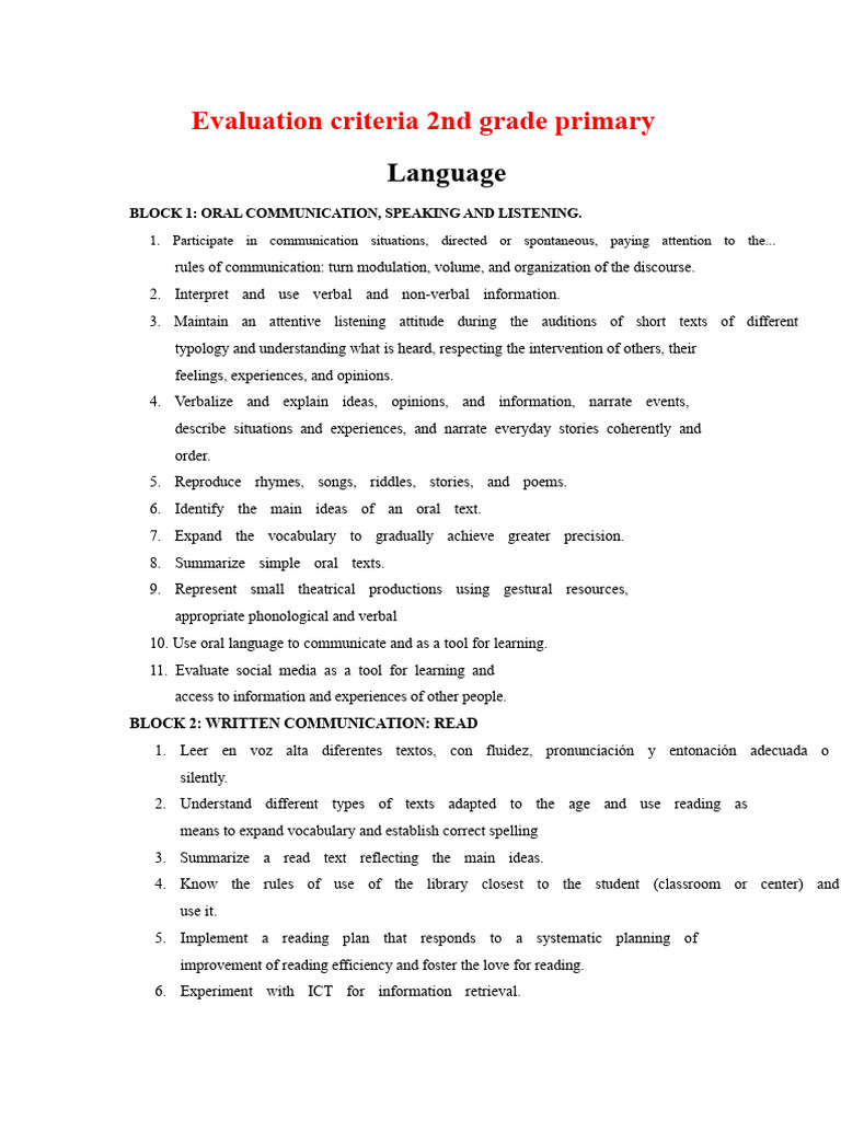 2nd Grade Evaluation Criteria Guide | PDF | Communication | Mathematics