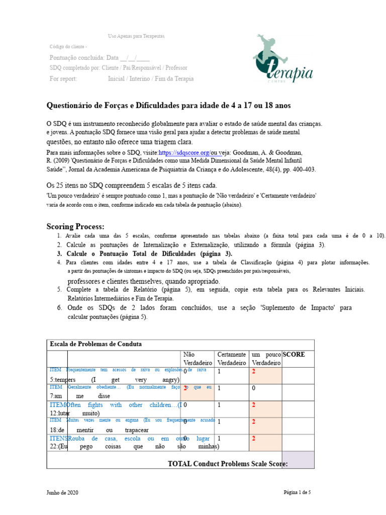 Avaliação SDQ para Saúde Mental Infantil | PDF | Ciências ...