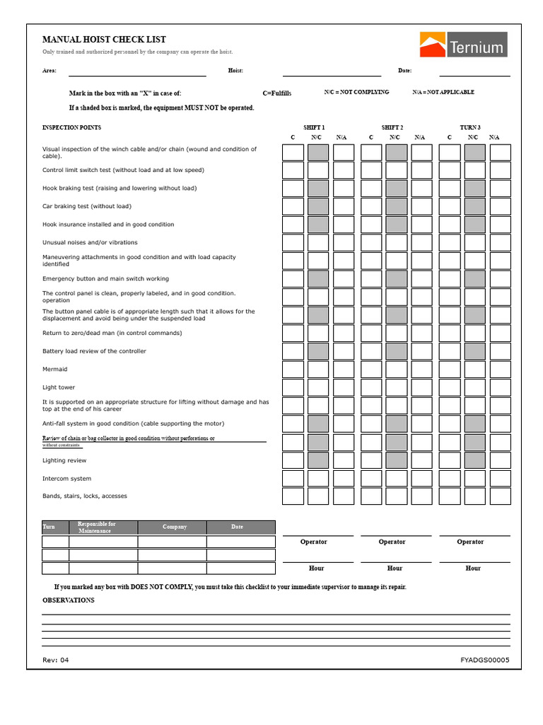 Manual Hoist Checklist | PDF