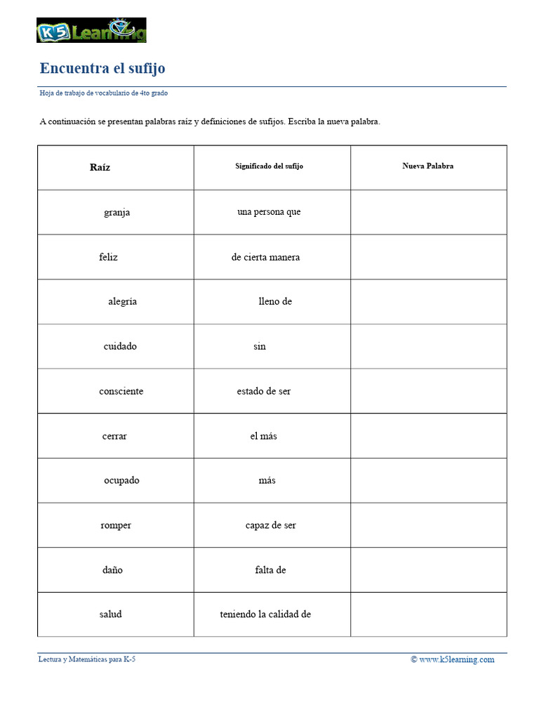 Hoja de Vocabulario: Sufijos 4to Grado | PDF