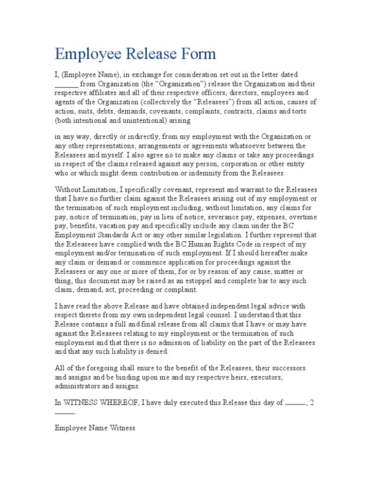 Employee Release Form | PDF | Employment | Common Law